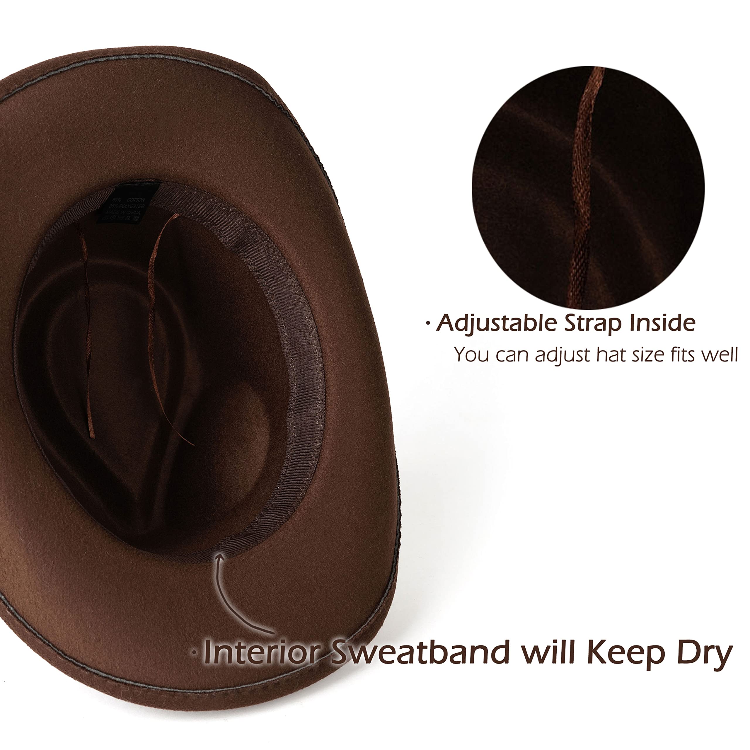 EOGIMI Men & Women's Classic Wide Brim Western Felt Cowboy Cowgirl Hat with Belt Buckle Cow/Coffee