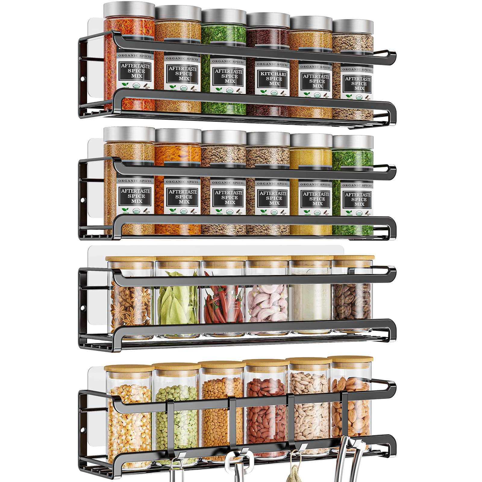 Bunoxea Spice Rack wall mounted 4 Pack, Space-Saving Spice Organizer for Spice Jars and Seasonings,Screw or Adhesive Hanging Spice Rack Organizer for Your Kitchen Cabinet,or Pantry Door