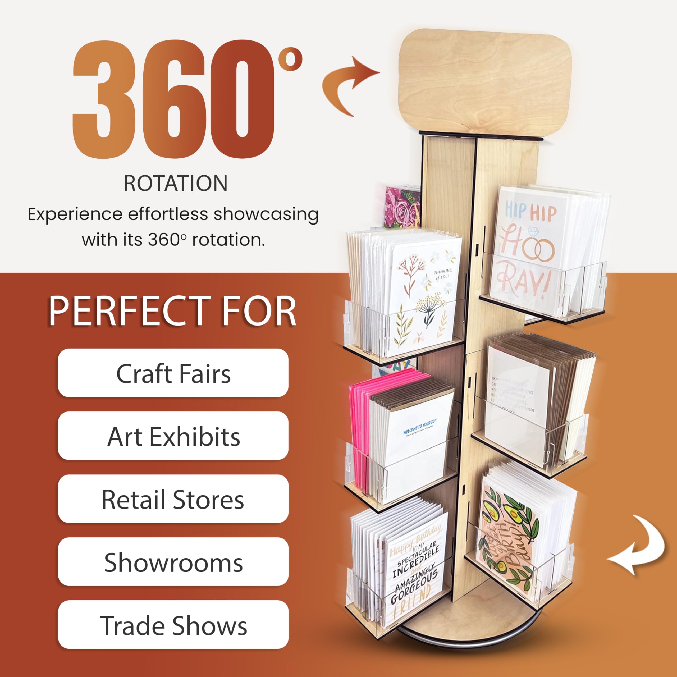 4-Sided Rotating Display Stand - Stationary, Greeting Cards, Stickers, Postcards, Coasters, Napkins - Heavy-Duty, Smooth Rotation, Easy to Assemble, Craft Shows, Trade Shows, Farmers Markets (Natural)