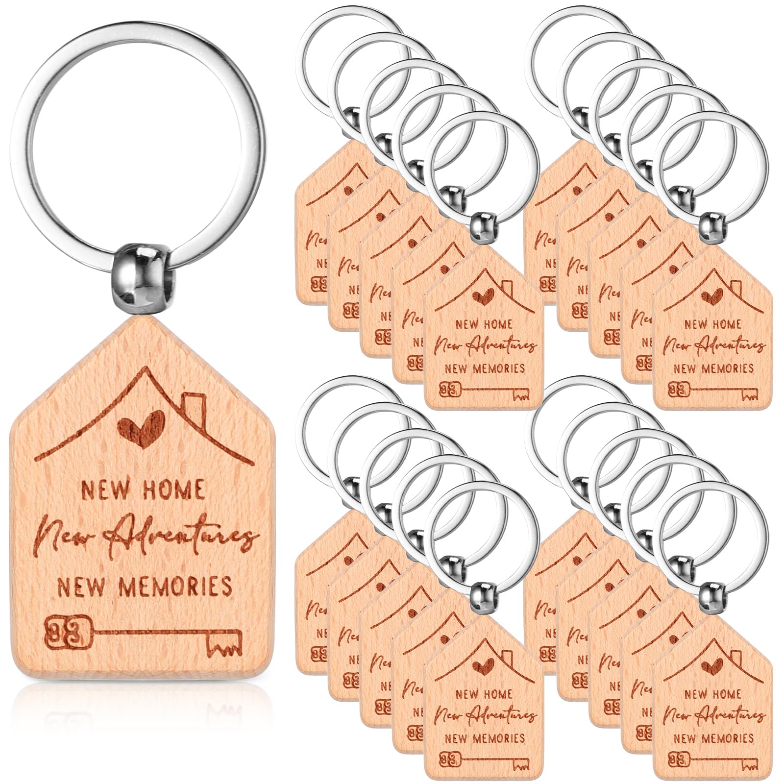 Inbagi 20 Pcs New Home Keychain Bulk Welcome Home Keychain Gifts House Key Chain New Homeowner Engraved Wooden Key Tag Small House Shaped Keychains for Family Client Buyer Customer