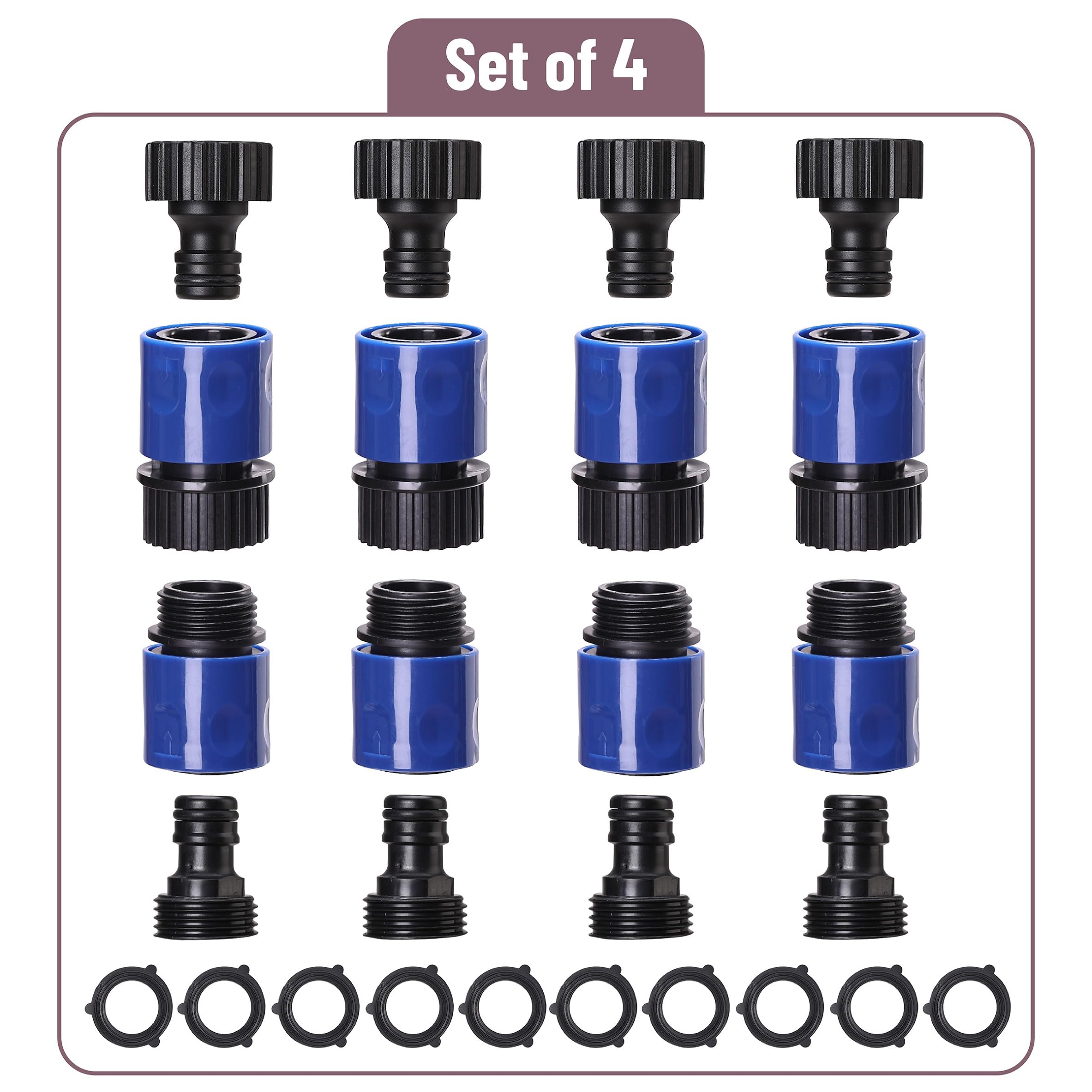 Bates- Garden Hose Quick Connectors, 4 Set, 3/4 Inch, Male and Female, Plastic Hose Connector, Garden Hose Quick Connect Hose Fittings, Water Hose Quick Connect Fittings, Quick Release Hose Connector