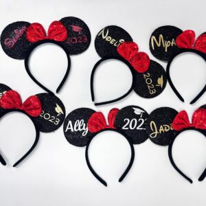 Personalized Graduation Mouse Ears for Class of 2024, Custom Graduation Gifts, Black Sequin Headband with Red Sequin Bow