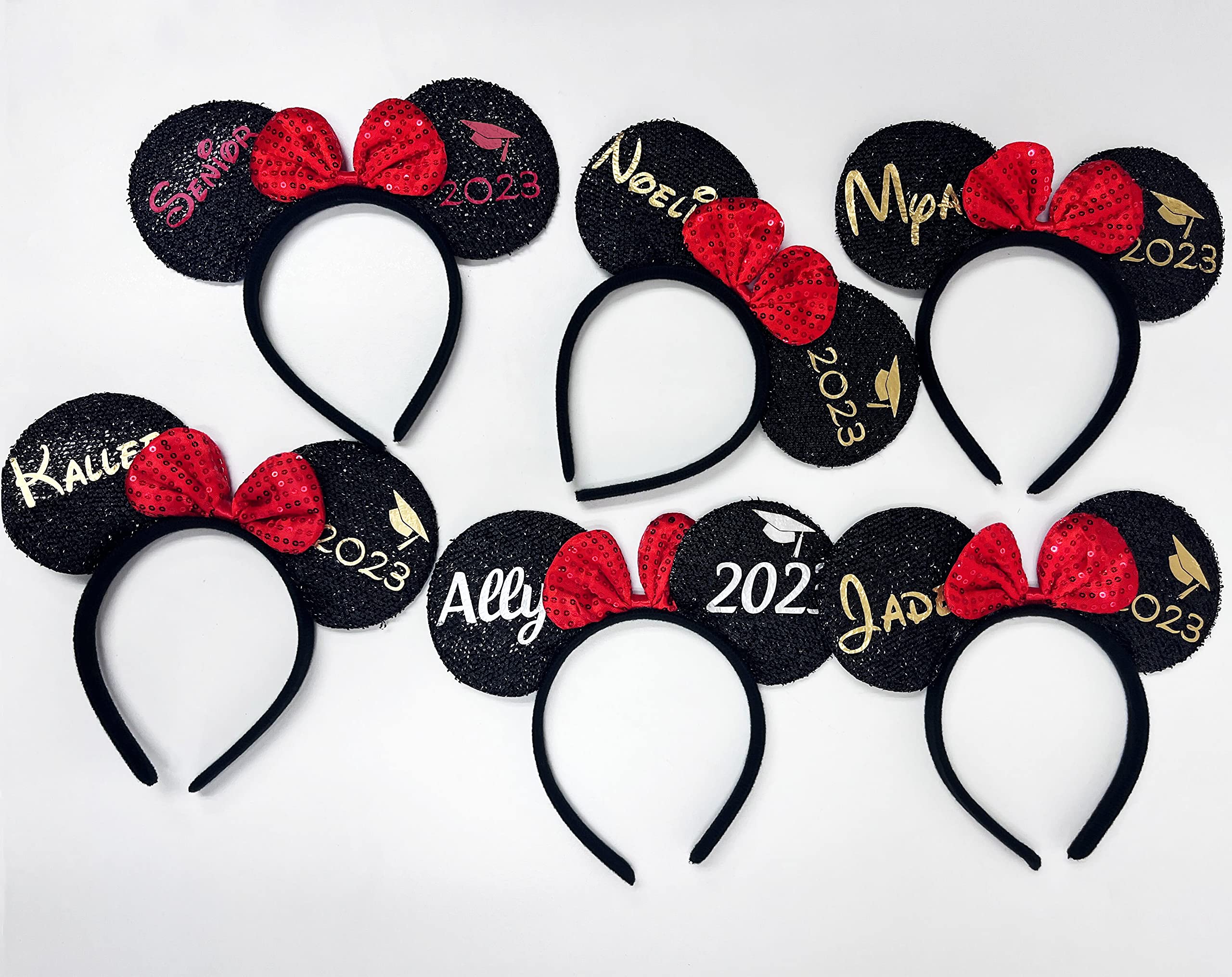 Personalized Graduation Mouse Ears for Class of 2024, Custom Graduation Gifts, Black Sequin Headband with Red Sequin Bow