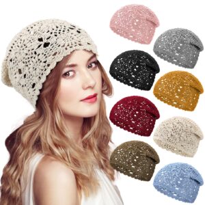 jiuguva 8 pcs crochet slouchy beanie hat handmade knit floral skull cap breathable and lightweight stretchy knitted cutout summer cotton hat for women