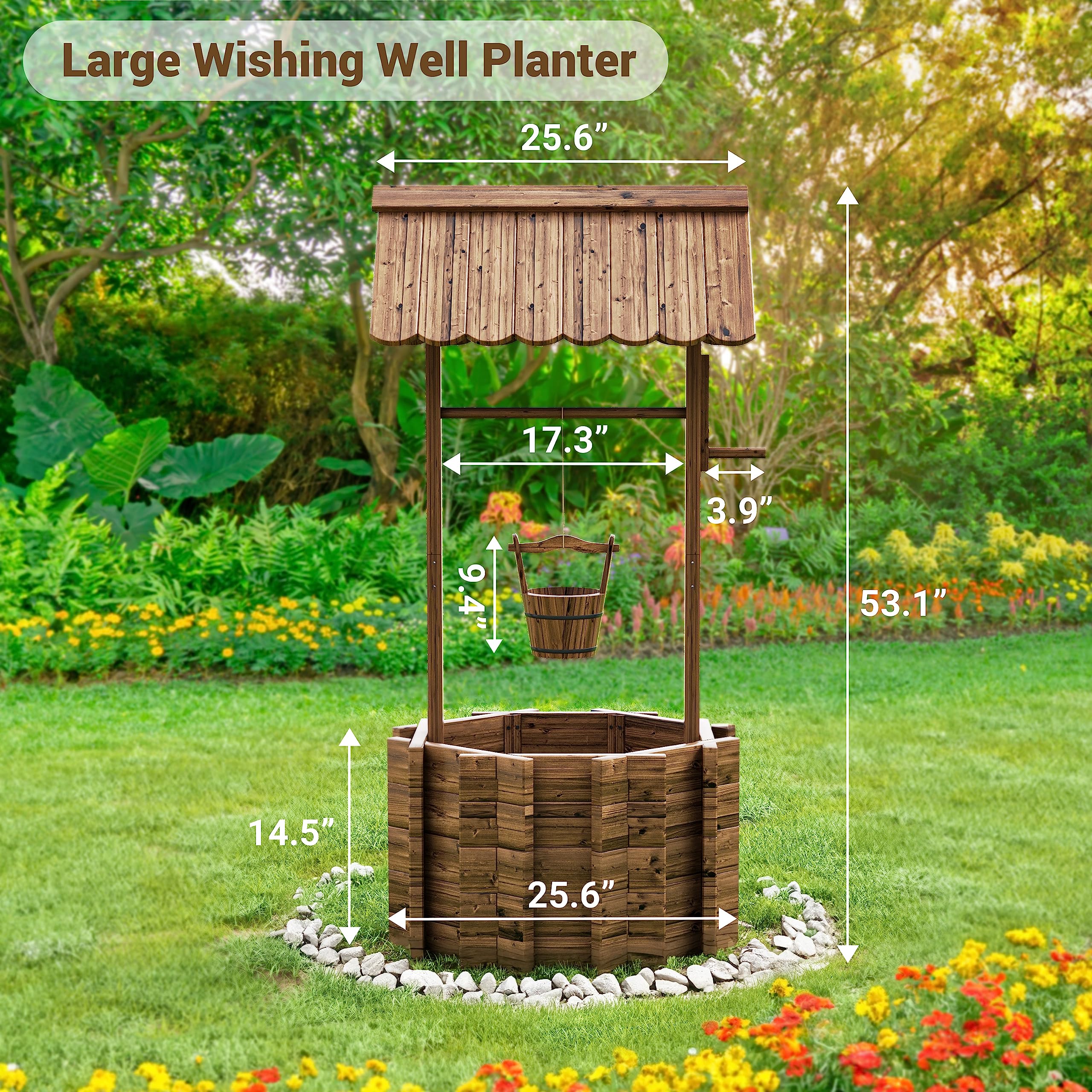 UDPATIO Wishing Wells for Yard, Large Wooden Wishing Well Planter for Outdoors, Upgrade Wishing Well with 4 Reinforced Rod & Hanging Bucket for Garden Patio Lawn Backyard Home Decor