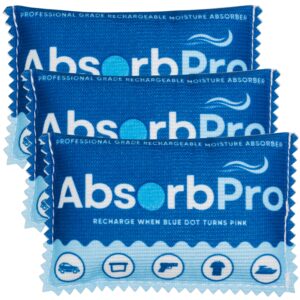 absorb pro rechargeable dehumidifier bag 3-pack - 100g reusable moisture absorbers - silica gel packets for bins, totes, gun safe, food storage, clothes, cars, and boats