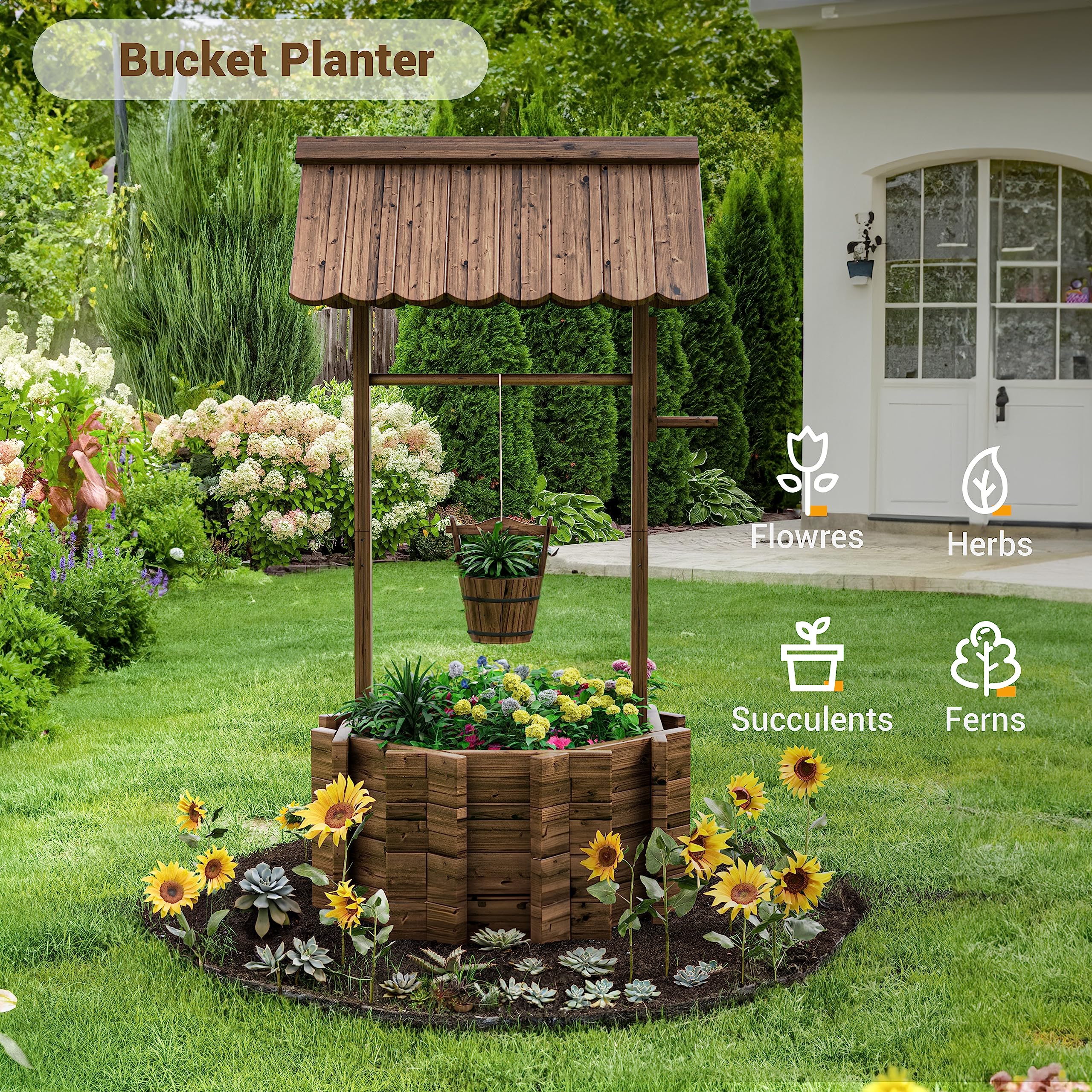 UDPATIO Wishing Wells for Yard, Large Wooden Wishing Well Planter for Outdoors, Upgrade Wishing Well with 4 Reinforced Rod & Hanging Bucket for Garden Patio Lawn Backyard Home Decor