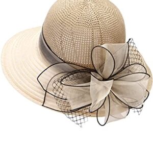 KORADI Women Organza Kentucky Derby Hat Fascinators Bucket Bowler Hat for Tea Party Bridal Wedding Church Dress Hat Wide Brim Sun Cap(Beige)