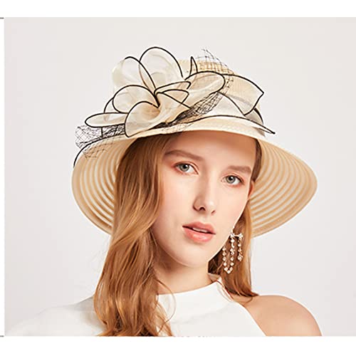 KORADI Women Organza Kentucky Derby Hat Fascinators Bucket Bowler Hat for Tea Party Bridal Wedding Church Dress Hat Wide Brim Sun Cap(Beige)