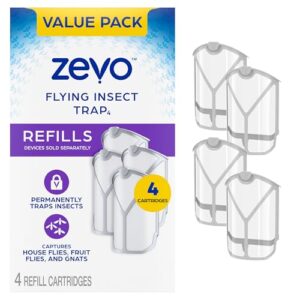 zevo flying insect refills for indoor light trap: 4 light trap refill cartridges capture fruit flies, gnats and houseflies (4 cartridges)