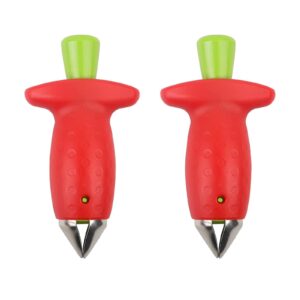 strawberry huller fruit slicer set, red/green, quick remove strawberry berry stem tool, kitchen tools and picnic gadgets,（2packs)