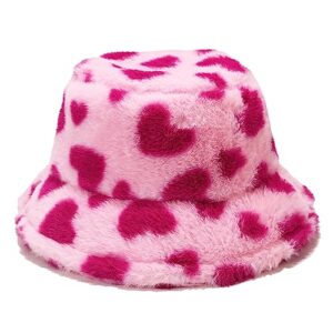 winter fluffy fuzzy bucket hat plush furry faux fur fisherman hats warm hat for women (pink heart)