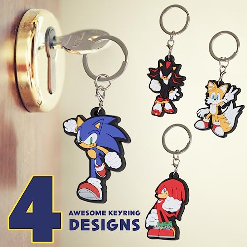 Sonic The Hedgehog Keyrings for Kids Knuckles Shadow Tails Rubber Boys Keyrings Collectables 4 Pack Mini Figures Keychain Set Gamer Gifts for Boys