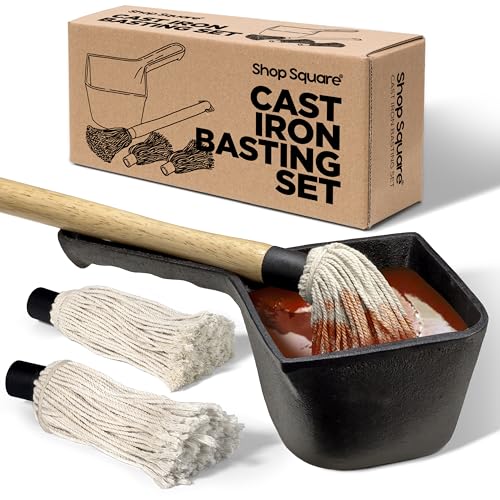 Cast Iron Sauce Pot with BBQ Mop Brush – Small Cast Iron Basting Pot & Mop Brush for Grilling, Smoking, and Saucing – BBQ Mop Brushes for Sauce, 24 Oz