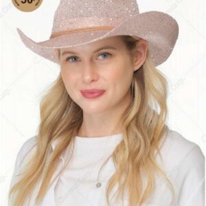 C.C Sparkly Sequin Cowboy Hat with Suede String Trim, Beige