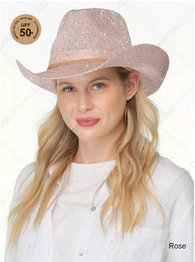 C.C Sparkly Sequin Cowboy Hat with Suede String Trim, Beige