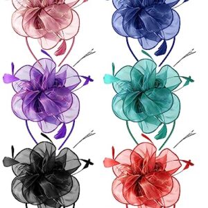 6 Pcs Fascinators Hat Tea Party Headwear Ribbons Feathers Women Hat Flower Mesh Headband Wedding Flower Hair Clip for Party Wedding Carnival