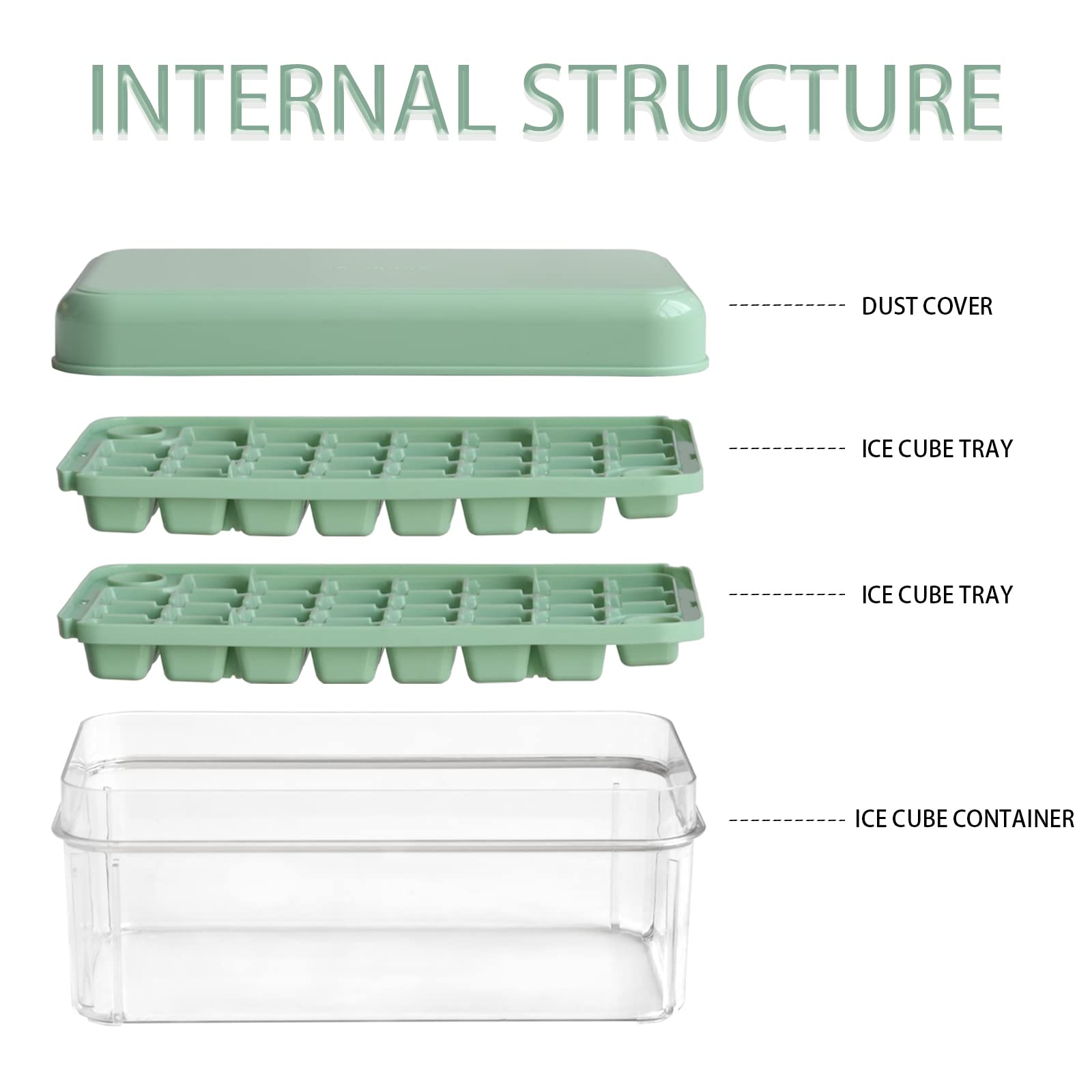 Funfmm Ice Cube Tray with Lid and Bin, 60 Mini Ice Cubes for Freezer, 2 Trays for Chilling Drinks and Juices, BPA Free Ice Cube Molds (Green)