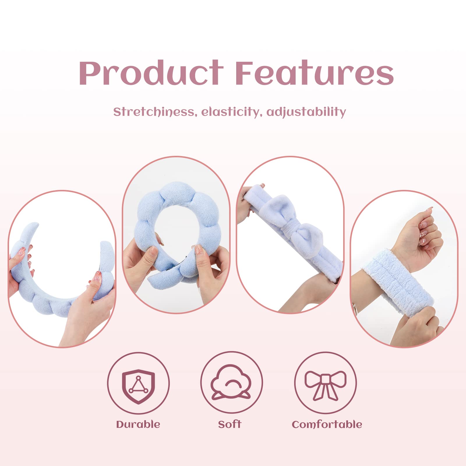 ATROCH Sponge Spa Headbands for Women & Wristband Set,Puffy Makeup Headband Set for Washing Face,Soft Towel Skin Care Head Band,Cute Hair Band Shower 4 Pcs