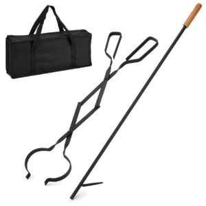 heavy duty fire tong and blow fire poker stick set with handbag, fireplace poker grabber with blow, firewood grabber tool for wood-burning fire pit or fireplace bonfire indoor outdoor use