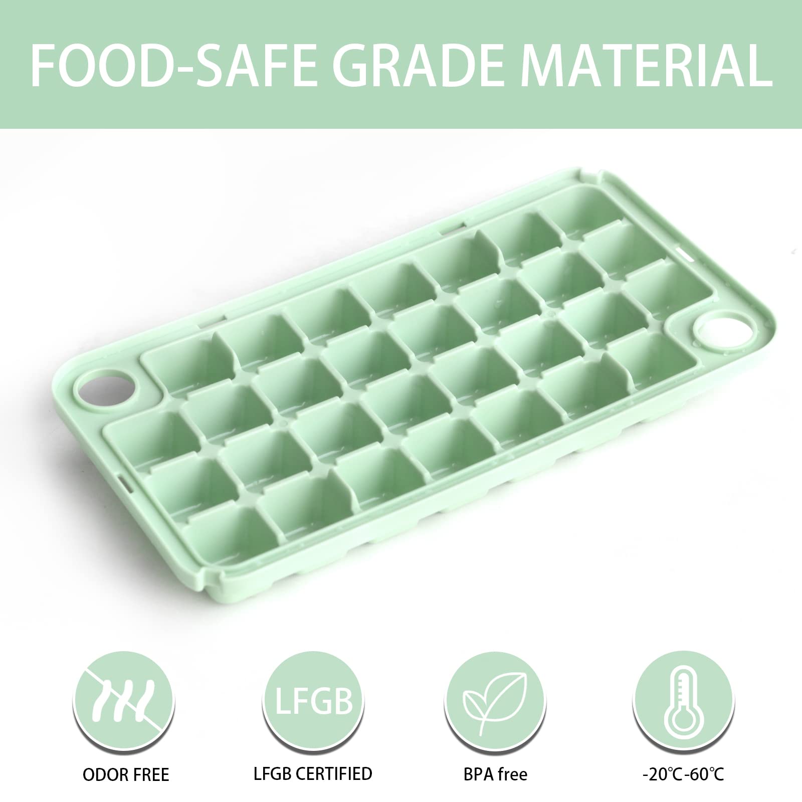 Funfmm Ice Cube Tray with Lid and Bin, 60 Mini Ice Cubes for Freezer, 2 Trays for Chilling Drinks and Juices, BPA Free Ice Cube Molds (Green)