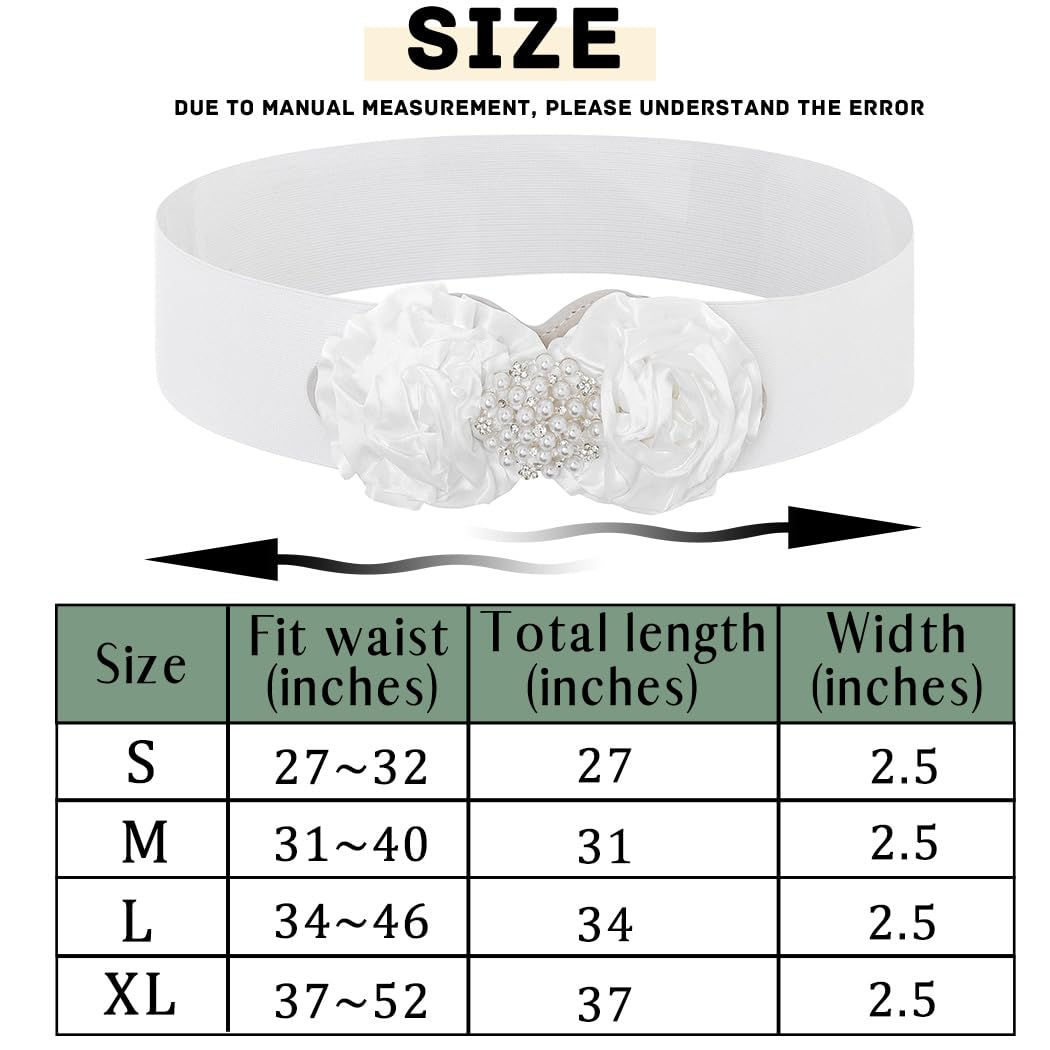 Wriidy Stretchy Belt Wide Flower Belt Women White Pearl Stretch Waistband Black Fancy Elastic Waist Jewelry Accessories for Girls (Large, White)