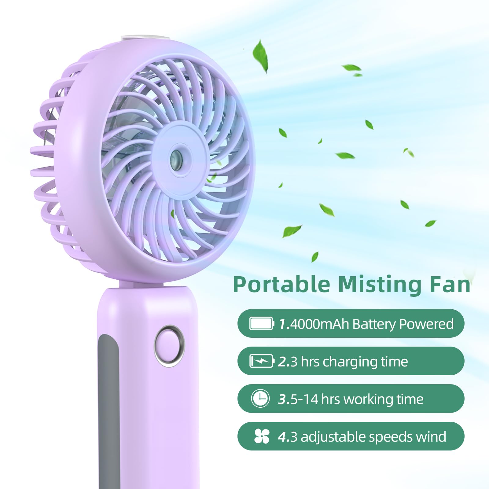 CIVPOWER Misting Fan Portable, Hand Held Fan 90°Adjustable Desk Fan, 4000mAh USB Rechargeable Personal Fan with Water Mist, 5-14 Working Time 3 Speeds Mister Spray Fan (purple)