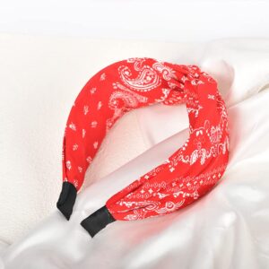 Red Knotted Boho Paisley Headband for Women's Hair - Non-Slip Turban Twist Knot Bandana Hairband