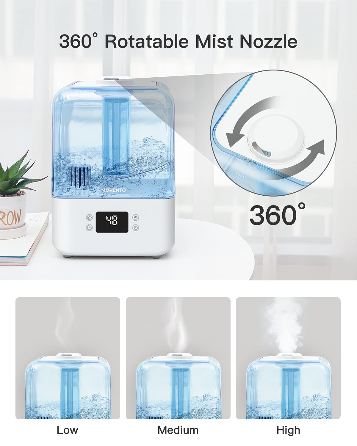 MORENTO Humidifiers for Bedroom, 4.5L Top Fill Humidifiers for Large Room, Cool Mist Humidifiers for Home, 360 Nozzle, Auto Shut-Off, Humidity Setting, Last up to 50Hrs with Night Light, White