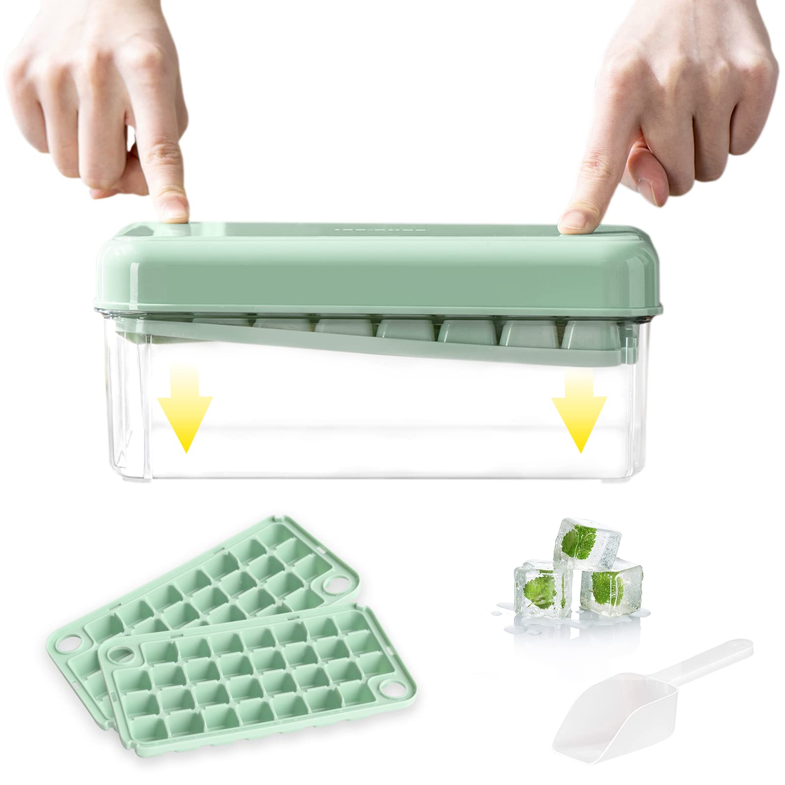 Funfmm Ice Cube Tray with Lid and Bin, 60 Mini Ice Cubes for Freezer, 2 Trays for Chilling Drinks and Juices, BPA Free Ice Cube Molds (Green)