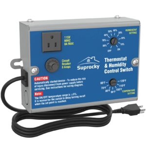 suprocky adjustable dual thermostat and humidity control switch with socket and overload protector, can be connected to two fans, surface spraying, for power attic ventilators