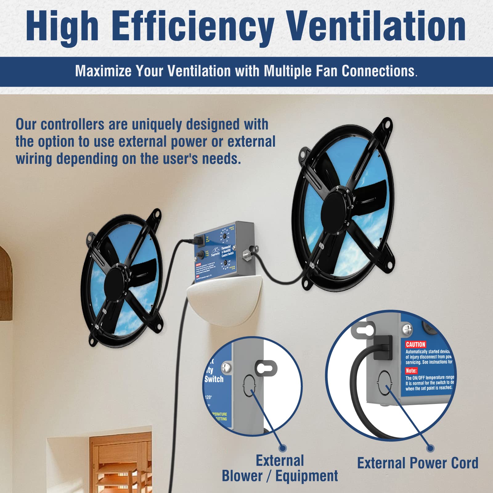 Suprocky Adjustable Dual Thermostat and Humidity Control Switch with Socket and Overload Protector, Can Be Connected to Two Fans, Surface Spraying, for Power Attic Ventilators