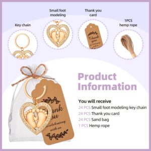 24 Pieces of Caring Foot Design Keychain and Keyring Favored for Baby Showers and Weddings, Party Gifts, Souvenirs or Decorations, with Labels and Silk Bags