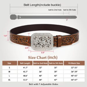 XZQTIVE Women Men Western Belt Vintage Country Belts For Cowgirl Cowboys Genuine Leather Belt with Silver Diamond Buckle