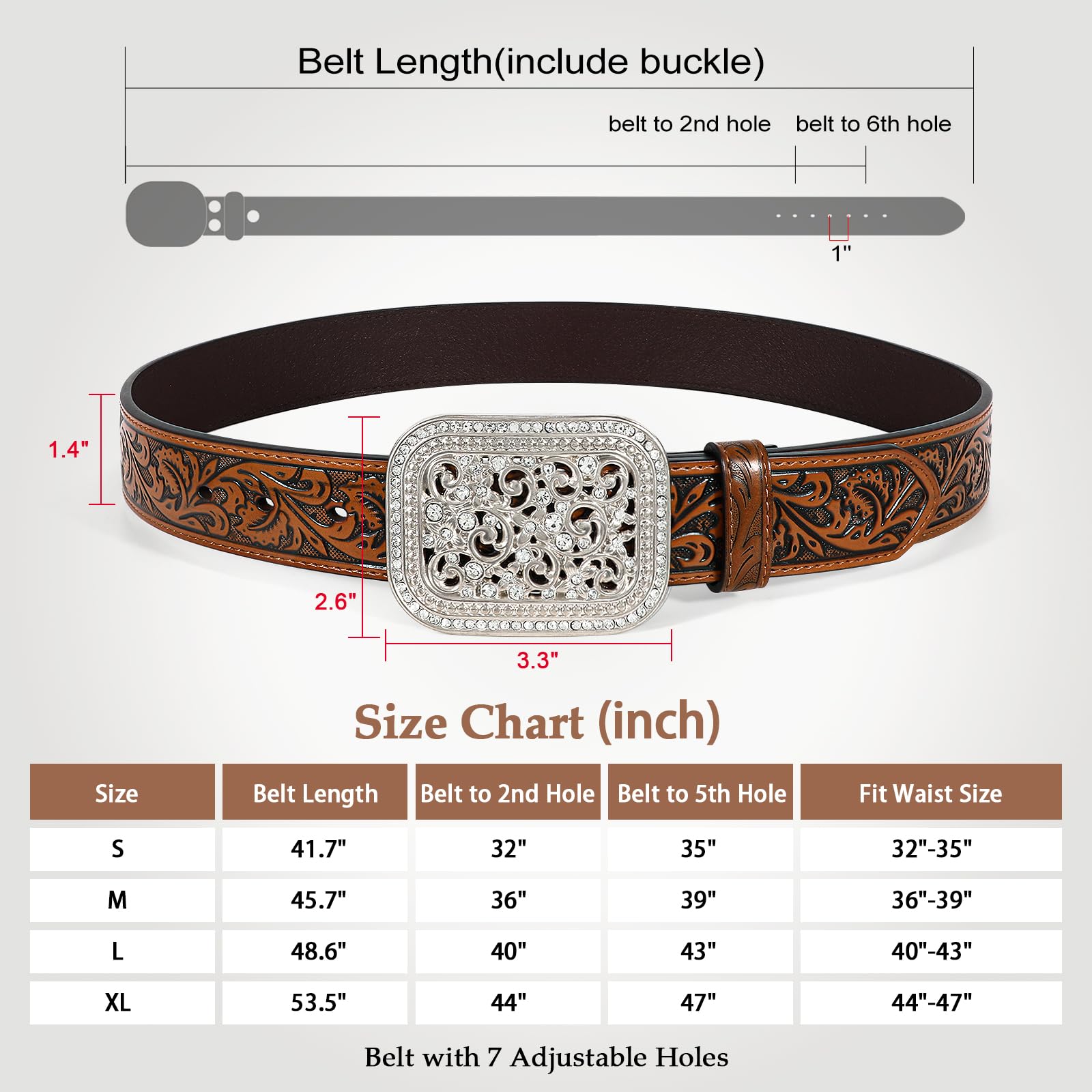 XZQTIVE Women Men Western Belt Vintage Country Belts For Cowgirl Cowboys Genuine Leather Belt with Silver Diamond Buckle