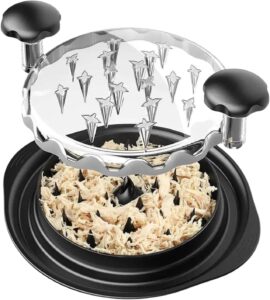 chicken shredder with cleaning brush, meat shredder tool twist for effortlessly shredding chicken and vegetables - have a transparent lid, solid handle, non-slip base (black)