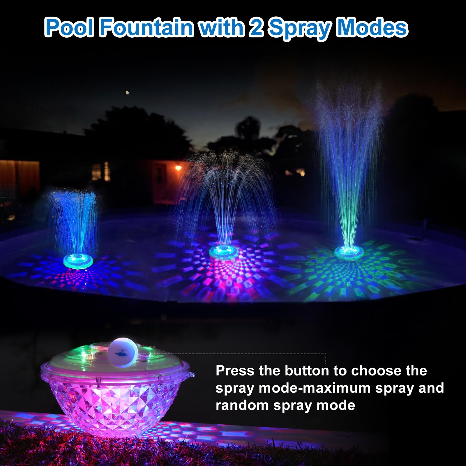 LanAqua Floating Pool Fountain with Underwater Light Show,Pool Water Fountain Rechargeable Battery Powered,2 Spray Modes Pool Fountain Pump for Inground Above Ground Pools-1PC