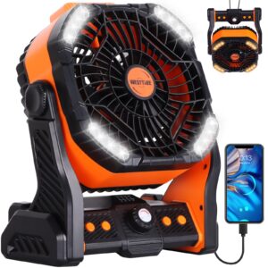 20000mah battery powered fan camping fan essentials,portable fan battery operated fan, rechargeable battery operated outdoor tent fan with light & hook,personal usb desk fan for camping,orange