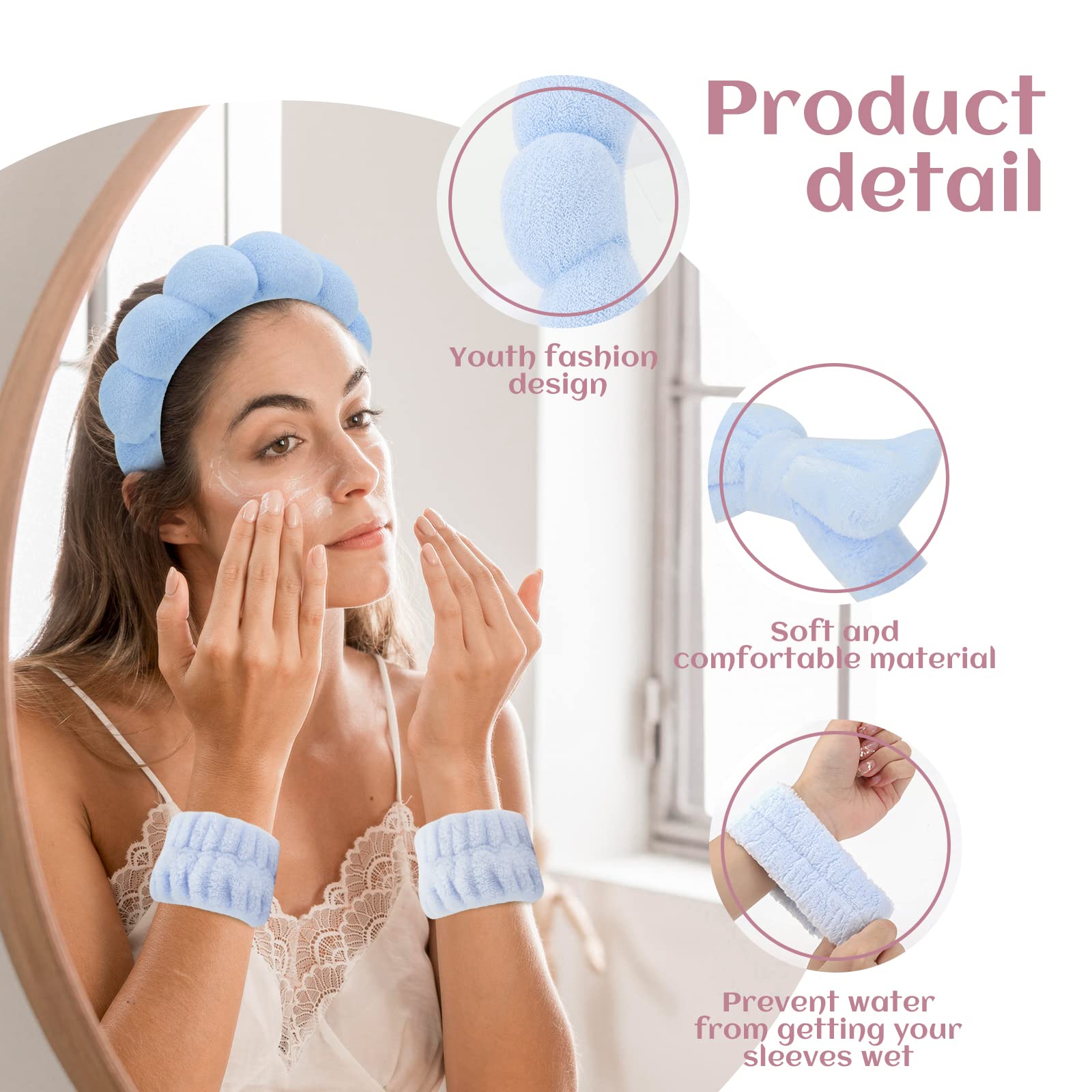 ATROCH Sponge Spa Headbands for Women & Wristband Set,Puffy Makeup Headband Set for Washing Face,Soft Towel Skin Care Head Band,Cute Hair Band Shower 4 Pcs