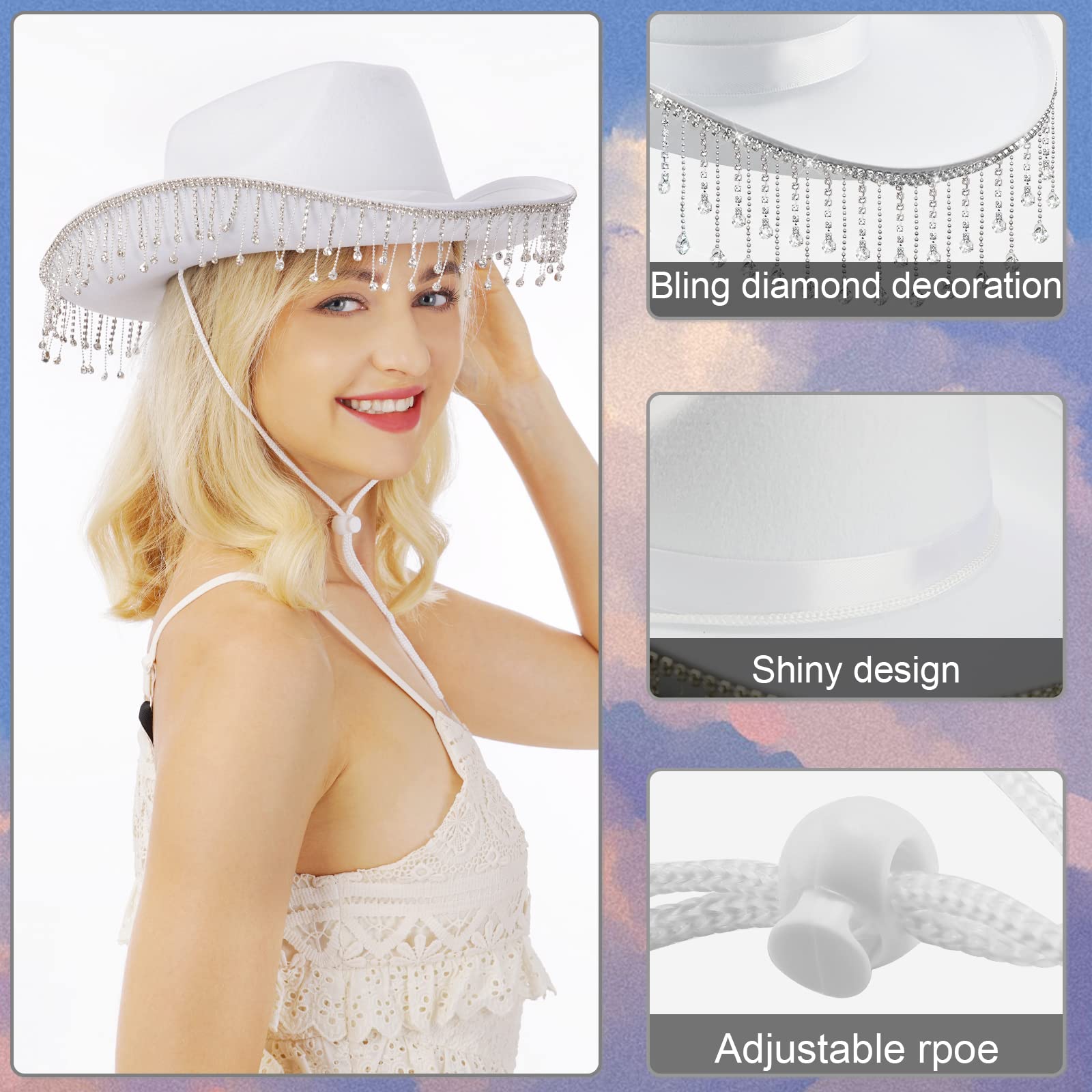 quescu Bridal Cowboy Hat and Veil Bachelorette Party,White Cowgirl Hat Wedding Bridal Shower Decoration (Style 2)