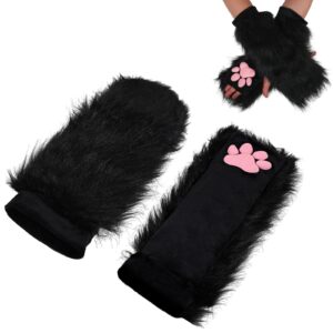 suptec furry cat paw mittens gloves for women soft 3d toes beans fingerless cat claw paws pad sleeve(black)