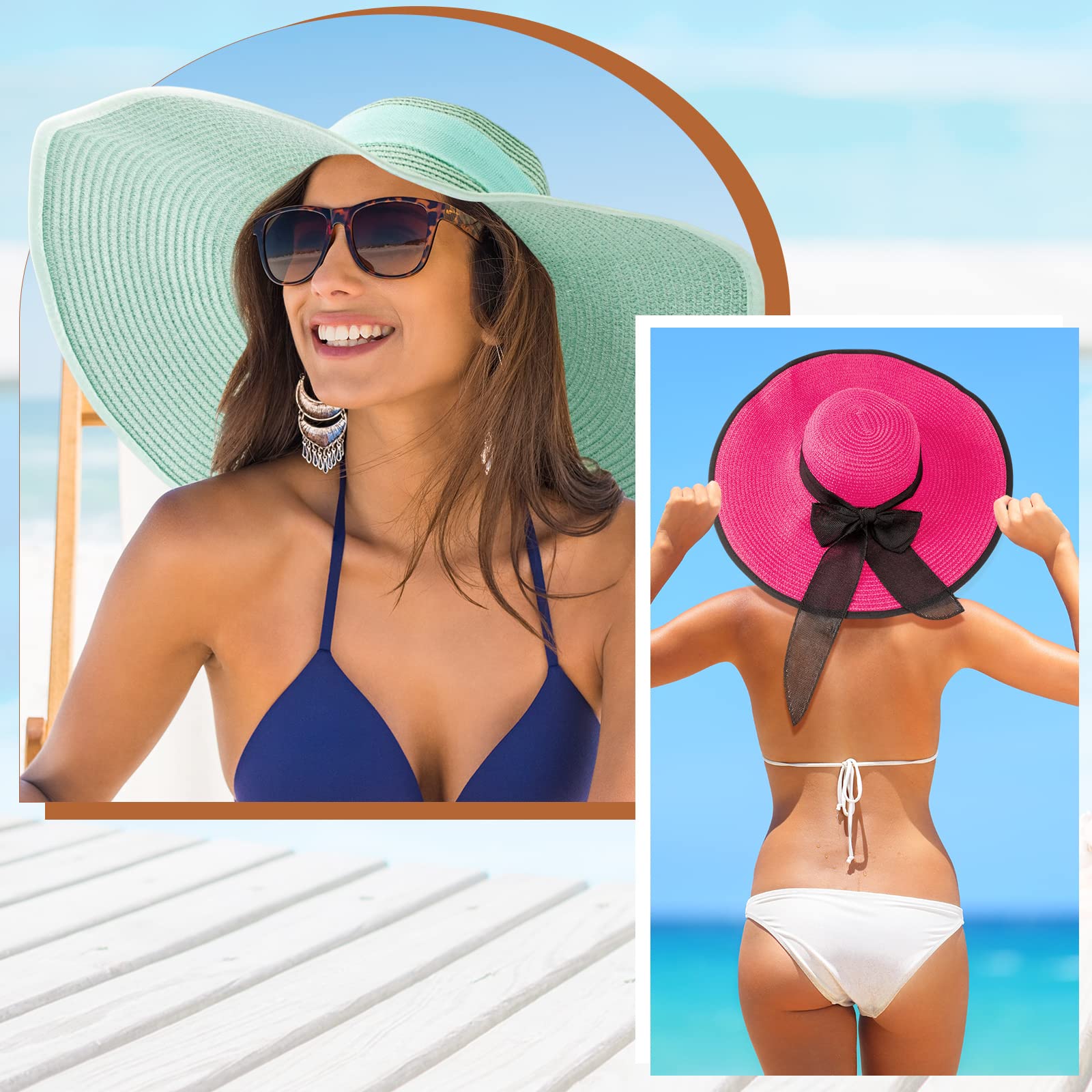 Xtinmee 9 Pcs Women Sun Straw Hat Wide Brim Summer Big Bowknot Straw Hat Floppy Beach Hats Foldable UV Upf50 Protection Beach Cap Adjustable Rope for Ladies Girls Multicolor