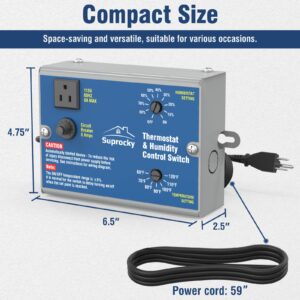 Suprocky Adjustable Dual Thermostat and Humidity Control Switch with Socket and Overload Protector, Can Be Connected to Two Fans, Surface Spraying, for Power Attic Ventilators