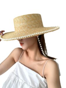 enfuso women's natural straw hat pearl decorated fisherman's hat sunshade parma tweed hat uv protection travel retro original colour cap (straw07)