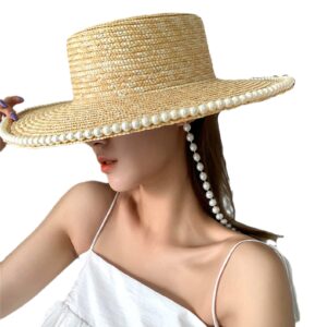 ENFUSO Women's Natural Straw Hat Pearl Decorated Fisherman's Hat Sunshade Parma Tweed Hat UV Protection Travel Retro Original Colour Cap (Straw07)