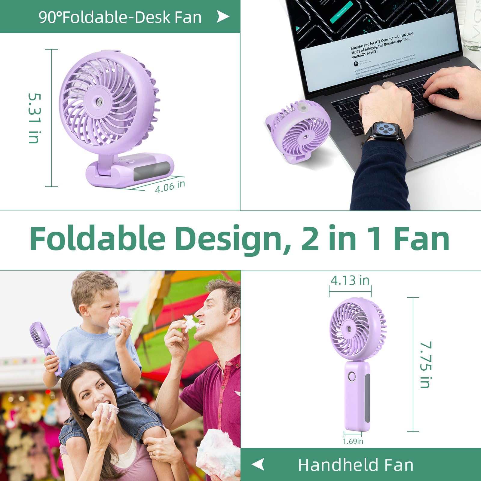 CIVPOWER Misting Fan Portable, Hand Held Fan 90°Adjustable Desk Fan, 4000mAh USB Rechargeable Personal Fan with Water Mist, 5-14 Working Time 3 Speeds Mister Spray Fan (purple)