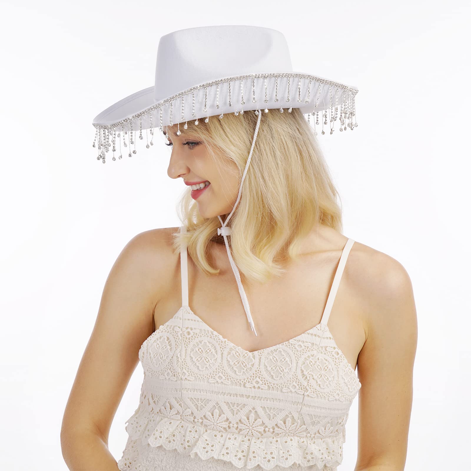 quescu Bridal Cowboy Hat and Veil Bachelorette Party,White Cowgirl Hat Wedding Bridal Shower Decoration (Style 2)