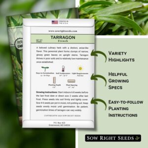 Sow Right Seeds - French Tarragon Seeds for Planting - Non-GMO Heirloom Packet with Instructions to Plant an Outdoor or Indoor Herb Garden - Culinary Leafy Green - Long Lasting Perennial Seasoning (1)