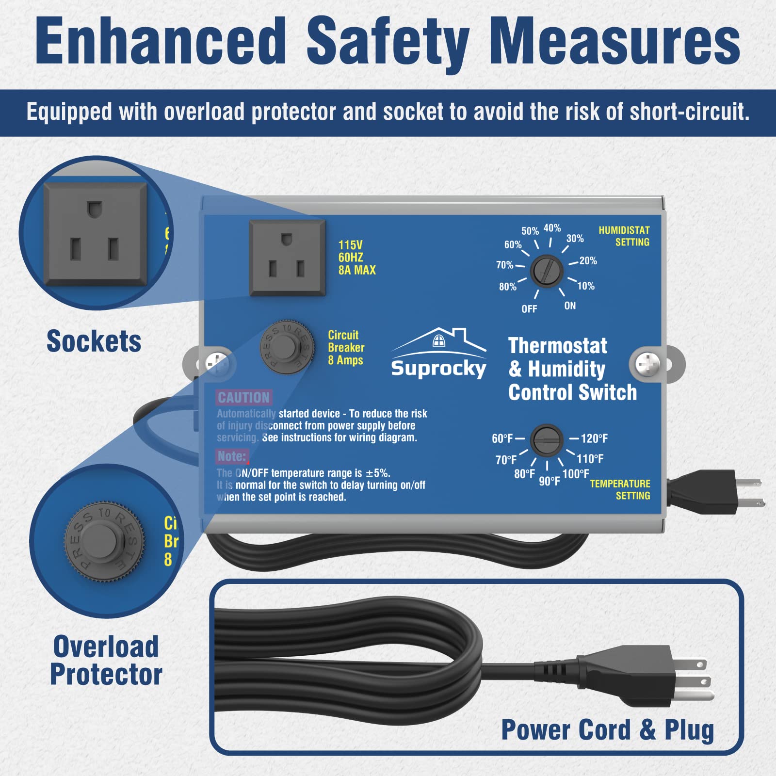 Suprocky Adjustable Dual Thermostat and Humidity Control Switch with Socket and Overload Protector, Can Be Connected to Two Fans, Surface Spraying, for Power Attic Ventilators