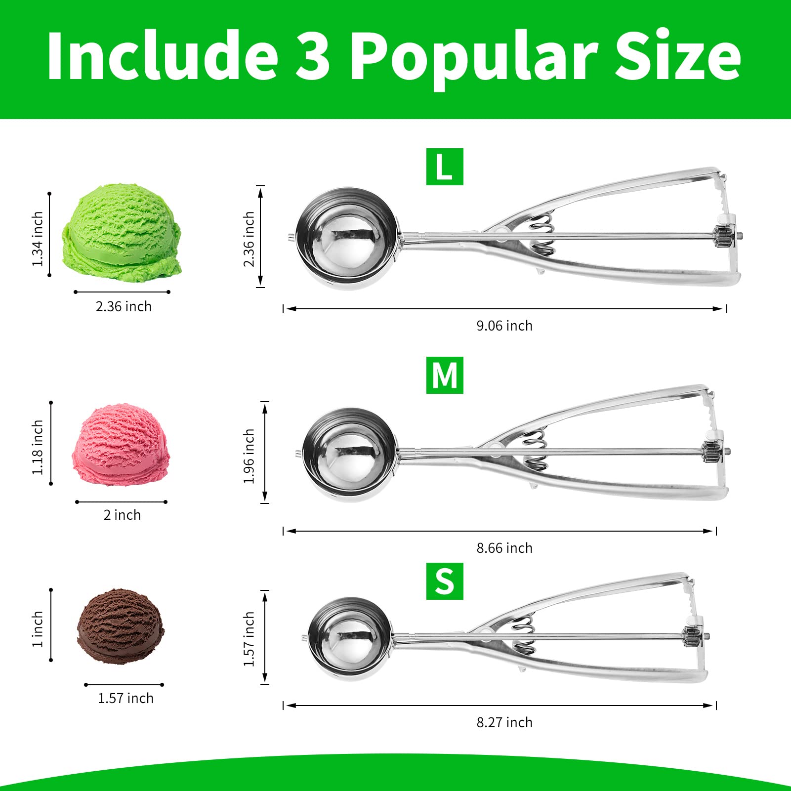 3PCS Ice Cream Scoop,Premium cookie scoop set,Small/Medium/Large stainless steel Scoops,Professional Ice cream Scooper with Trigger Release for Baking, Cookie, Fruit and Ice Cream by AOULELA